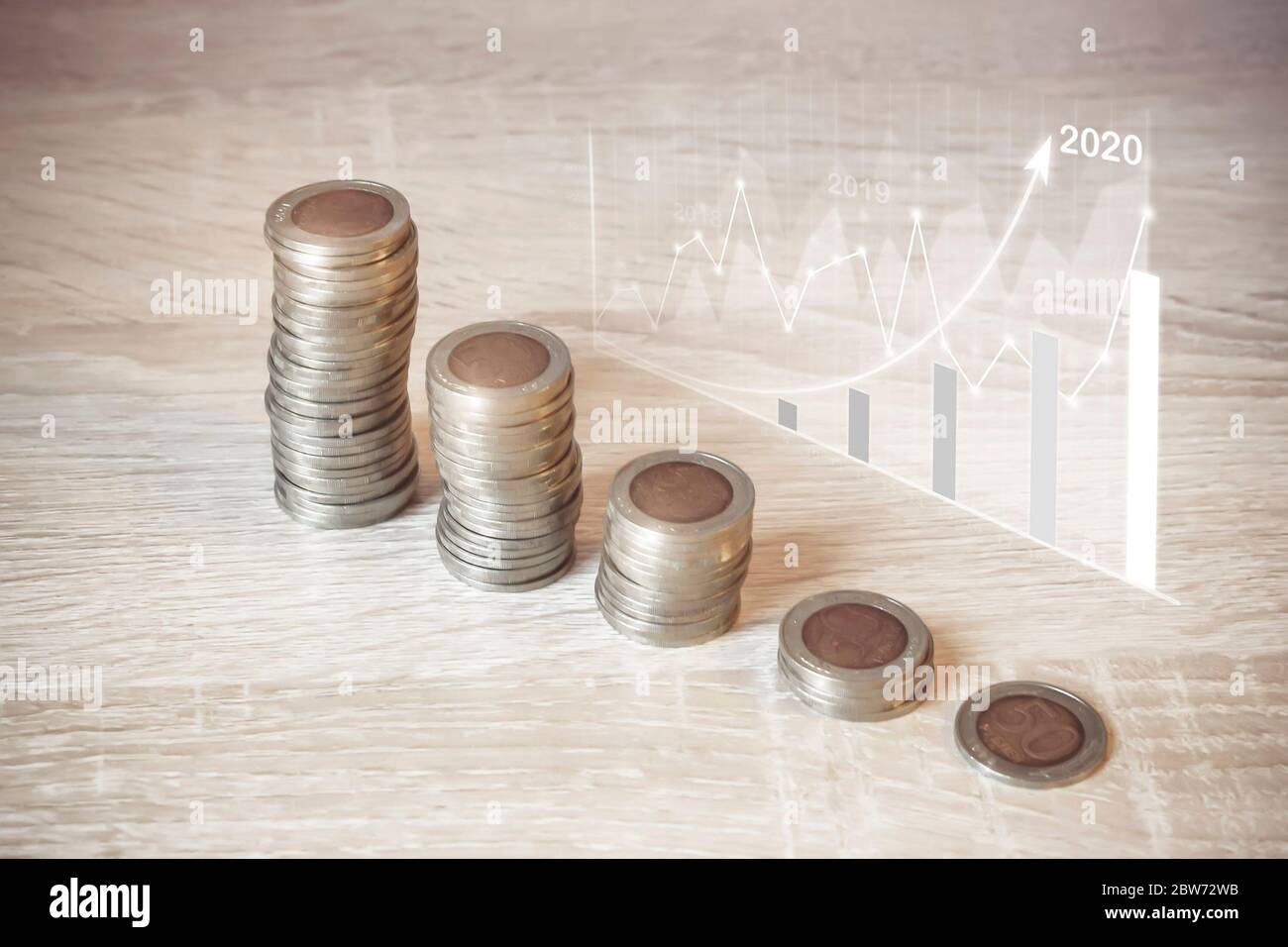 Money coin on each line rising, statistics, graph on light background ...