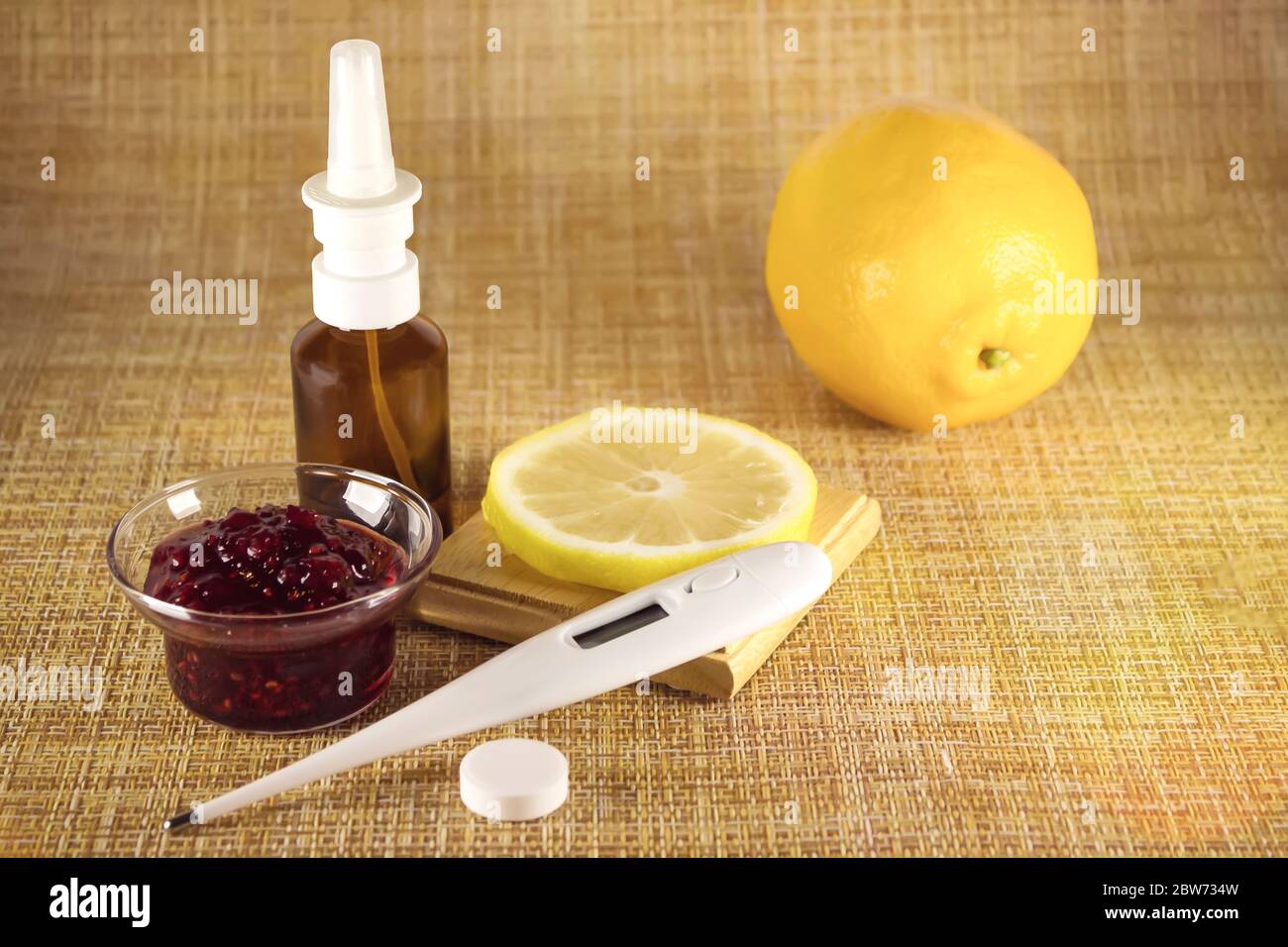 Treatment of colds and flu. Various medications, thermometer, cold ...