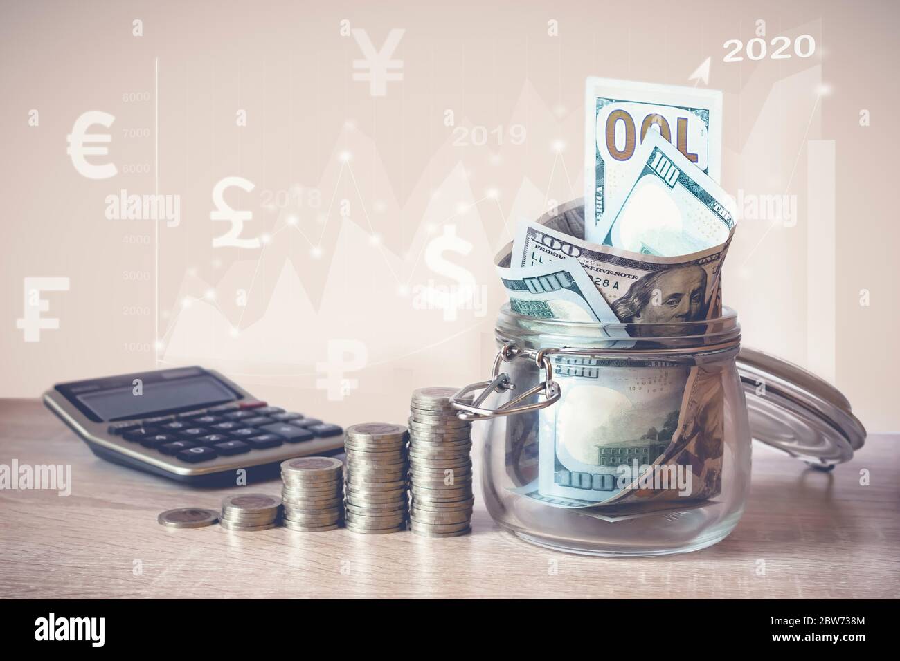 Coins Stack, calculator, dollar bills in glass jar, virtual hologram ...