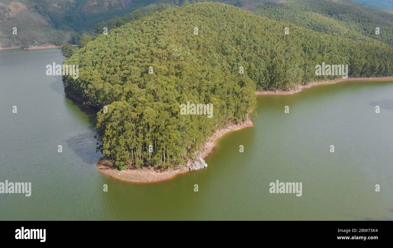 Aerial view beautiful nature with mountains and hills by Lake ...