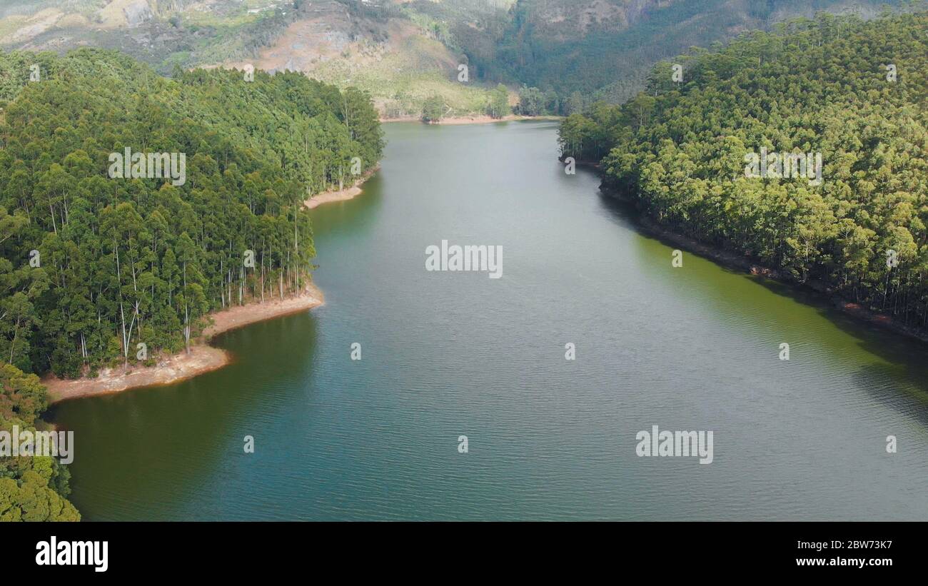 Aerial view beautiful nature with mountains and hills by Lake ...