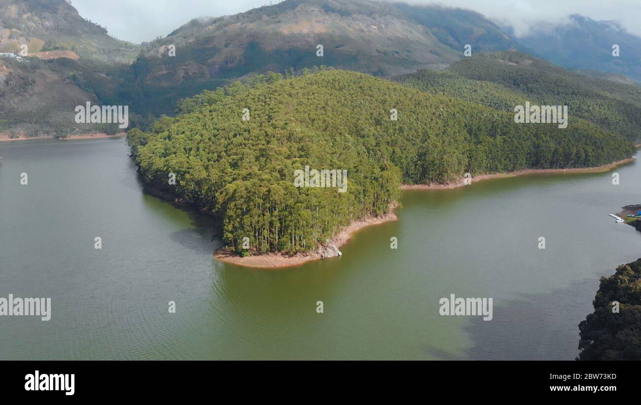Aerial view beautiful nature with mountains and hills by Lake ...