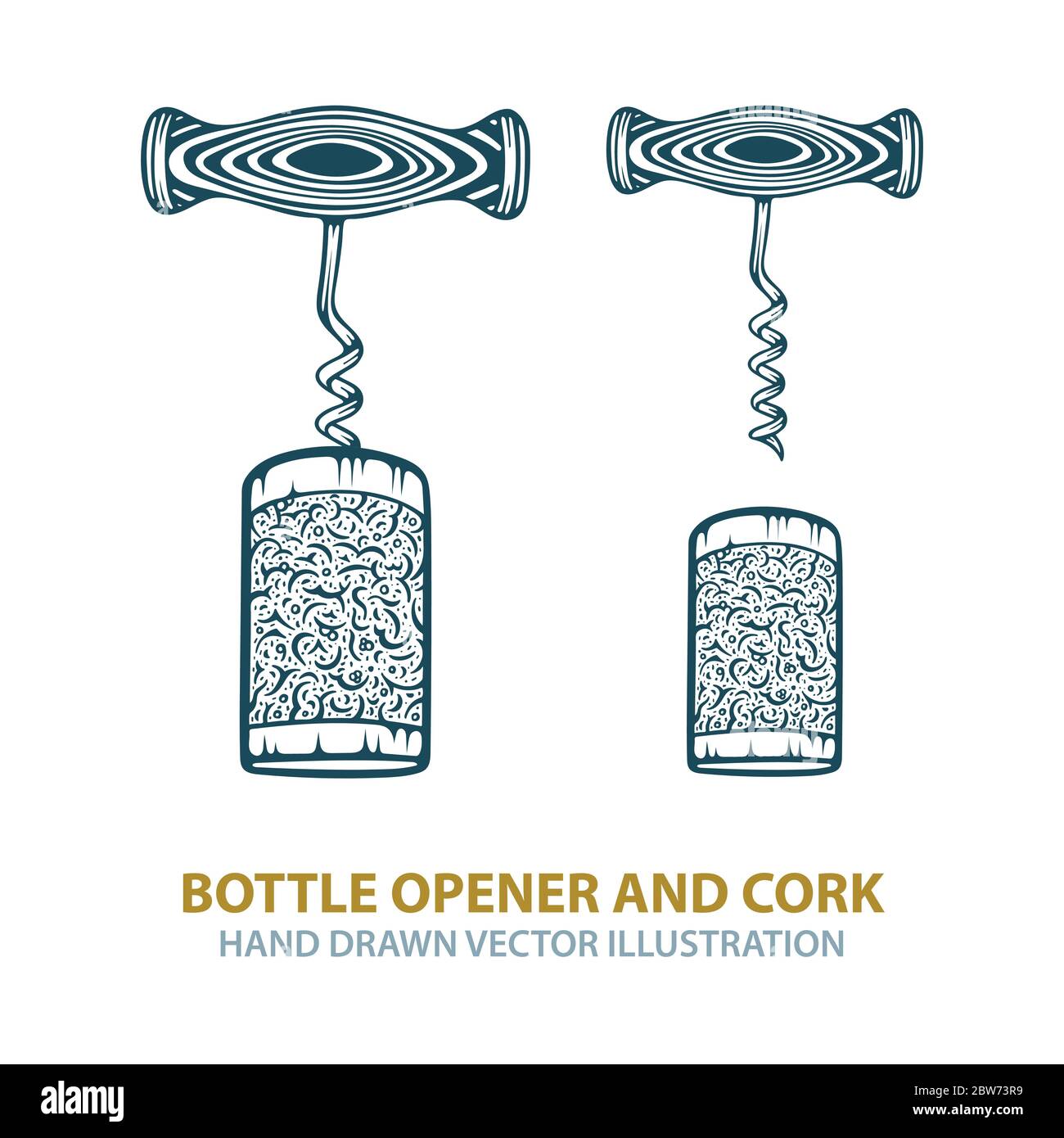 Corkscrew and cork hand drawn vector illustration. Opener for wine ...