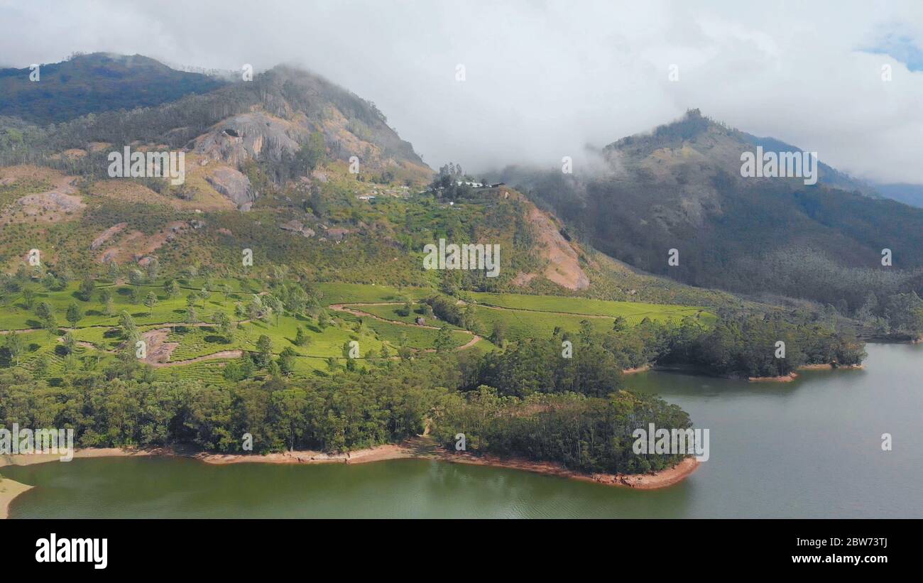 Aerial view beautiful nature with mountains and hills by Lake ...