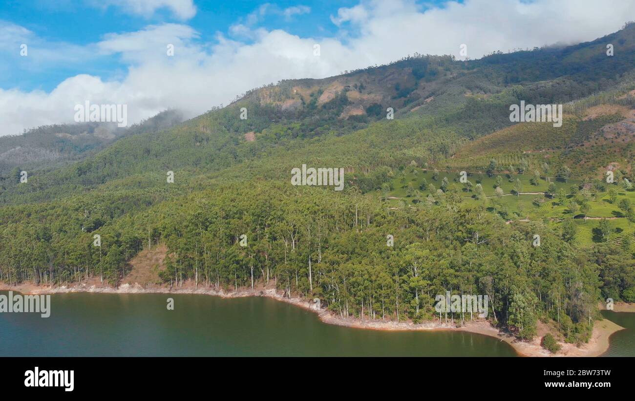 Aerial view beautiful nature with mountains and hills by Lake ...