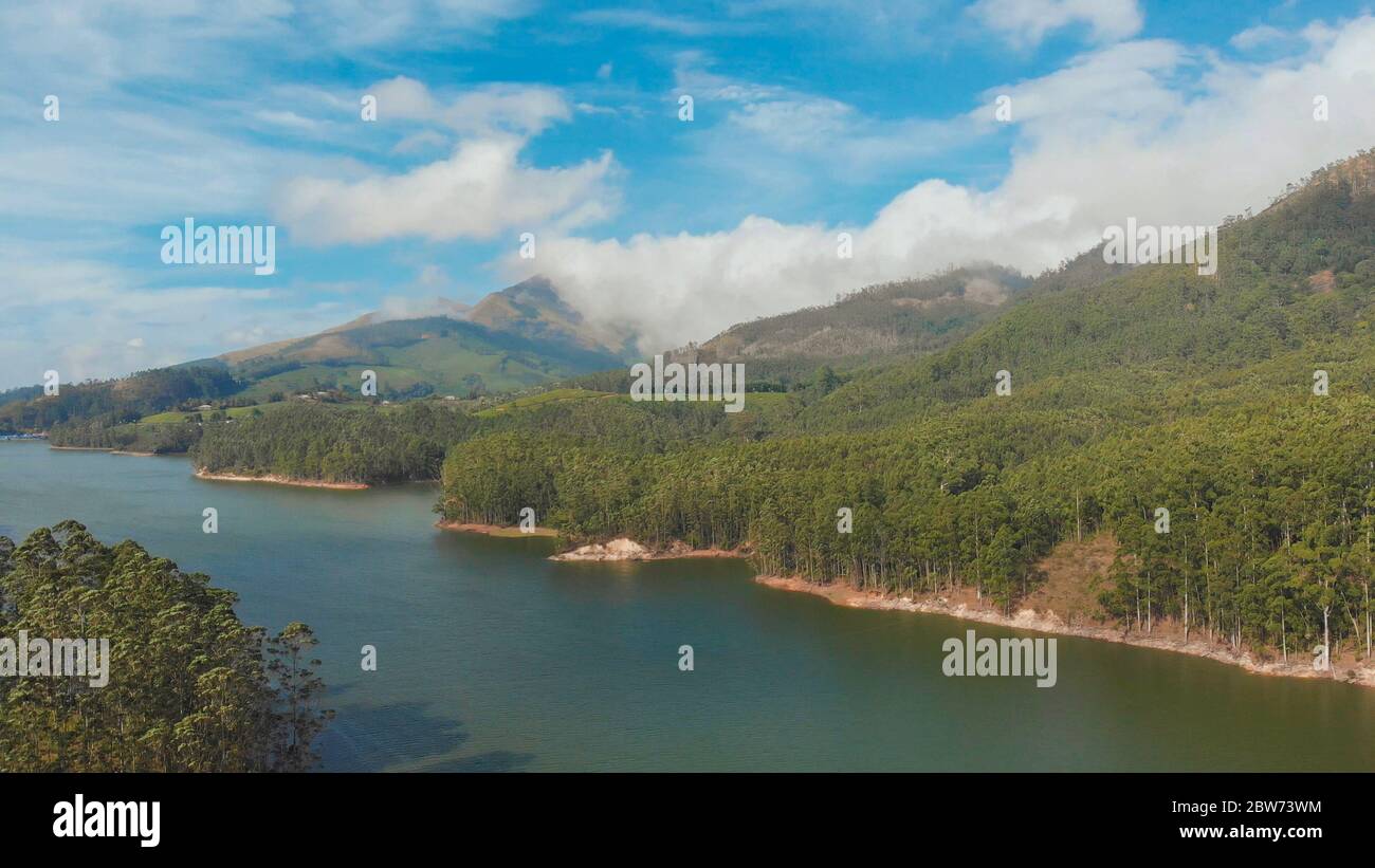 Aerial view beautiful nature with mountains and hills by Lake ...