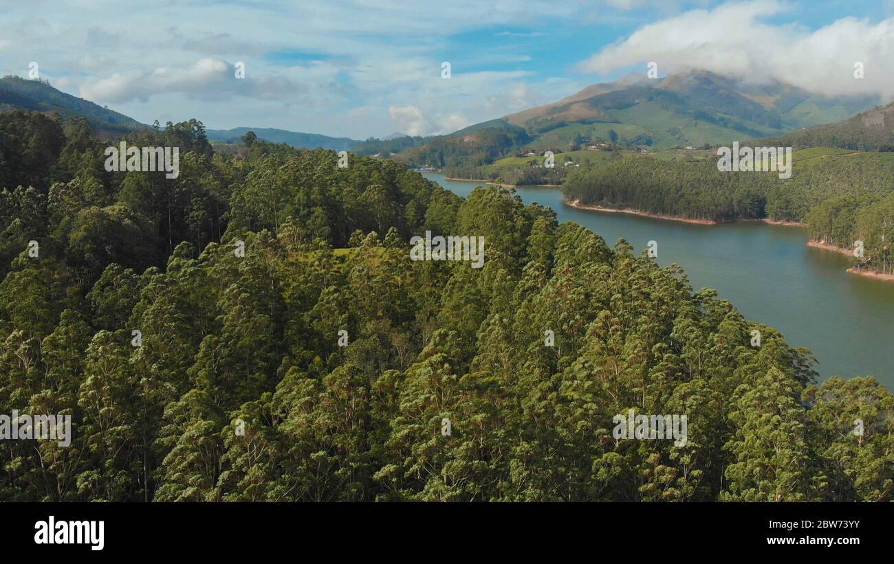 Aerial view beautiful nature with mountains and hills by Lake ...