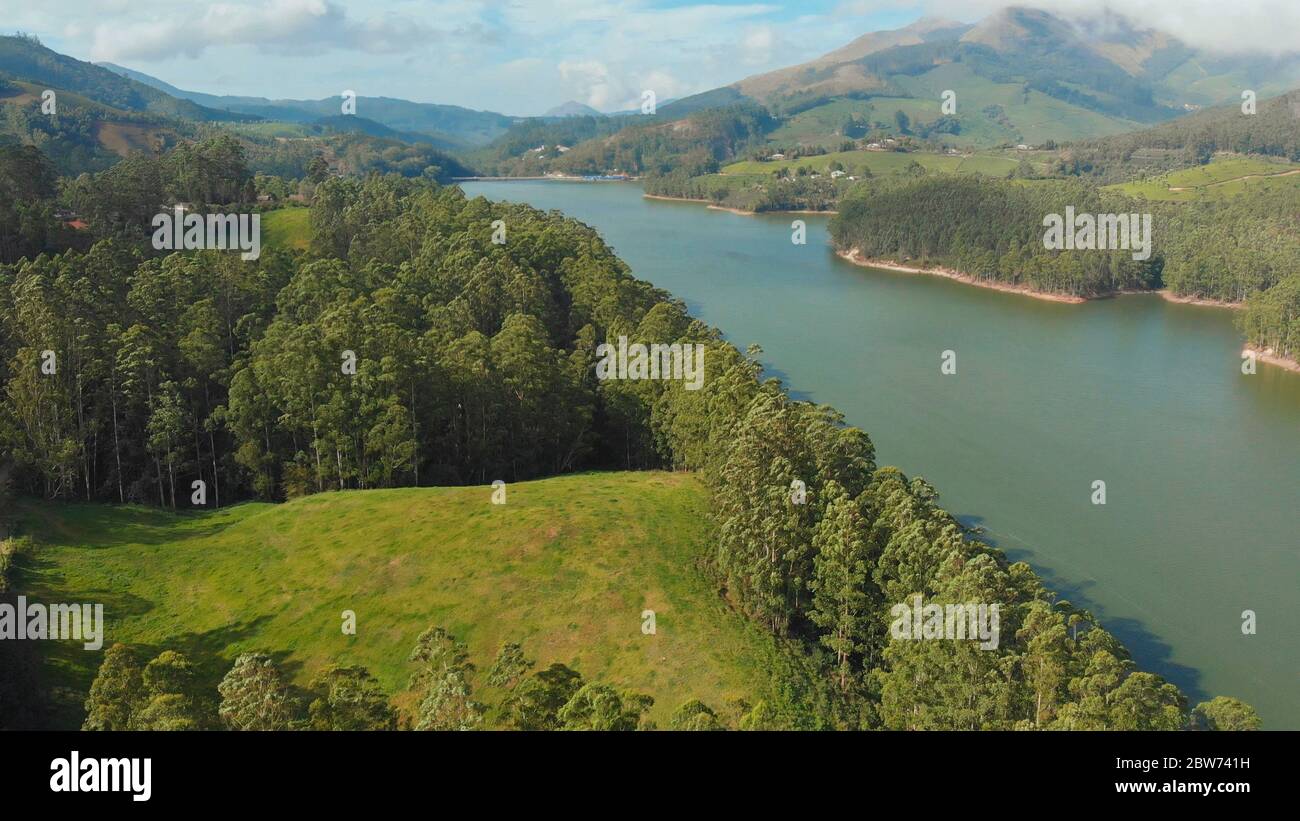 Aerial view beautiful nature with mountains and hills by Lake ...