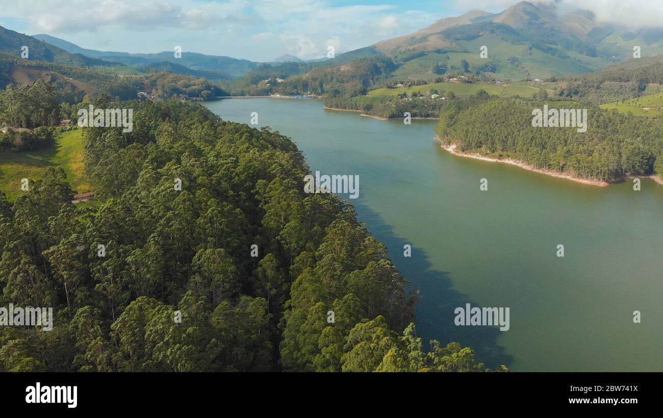 Aerial view beautiful nature with mountains and hills by Lake ...