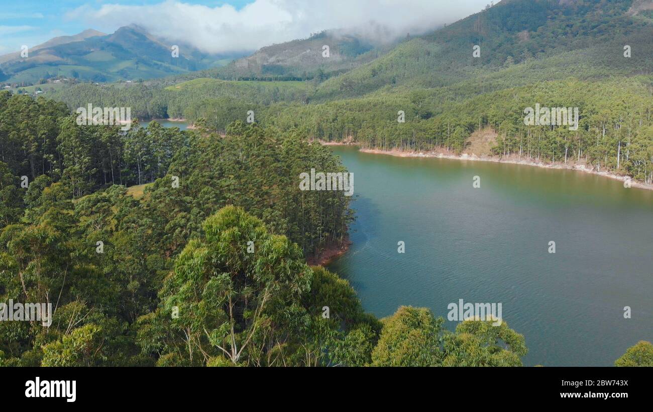 Aerial view beautiful nature with mountains and hills by Lake ...