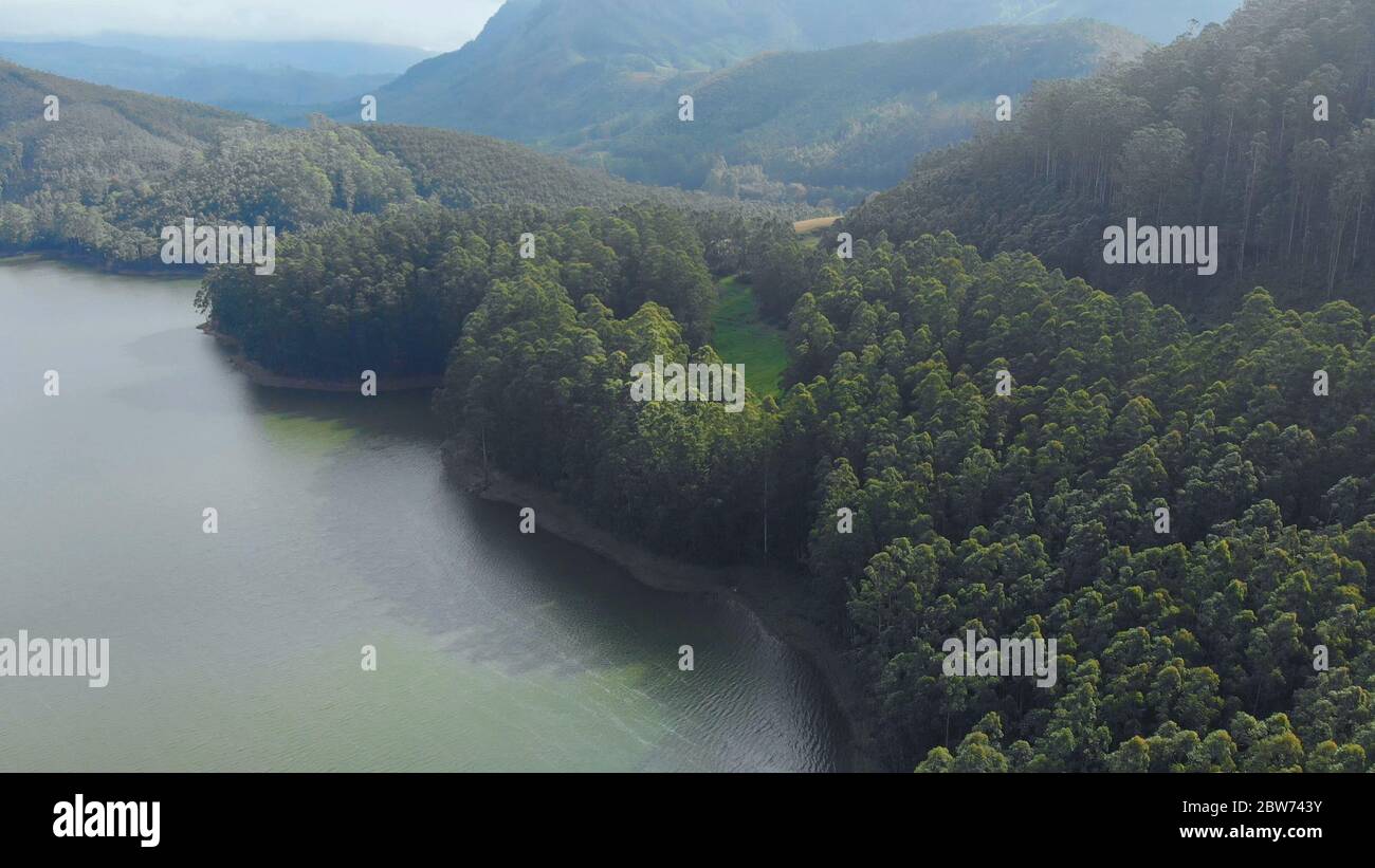 Aerial view beautiful nature with mountains and hills by Lake ...