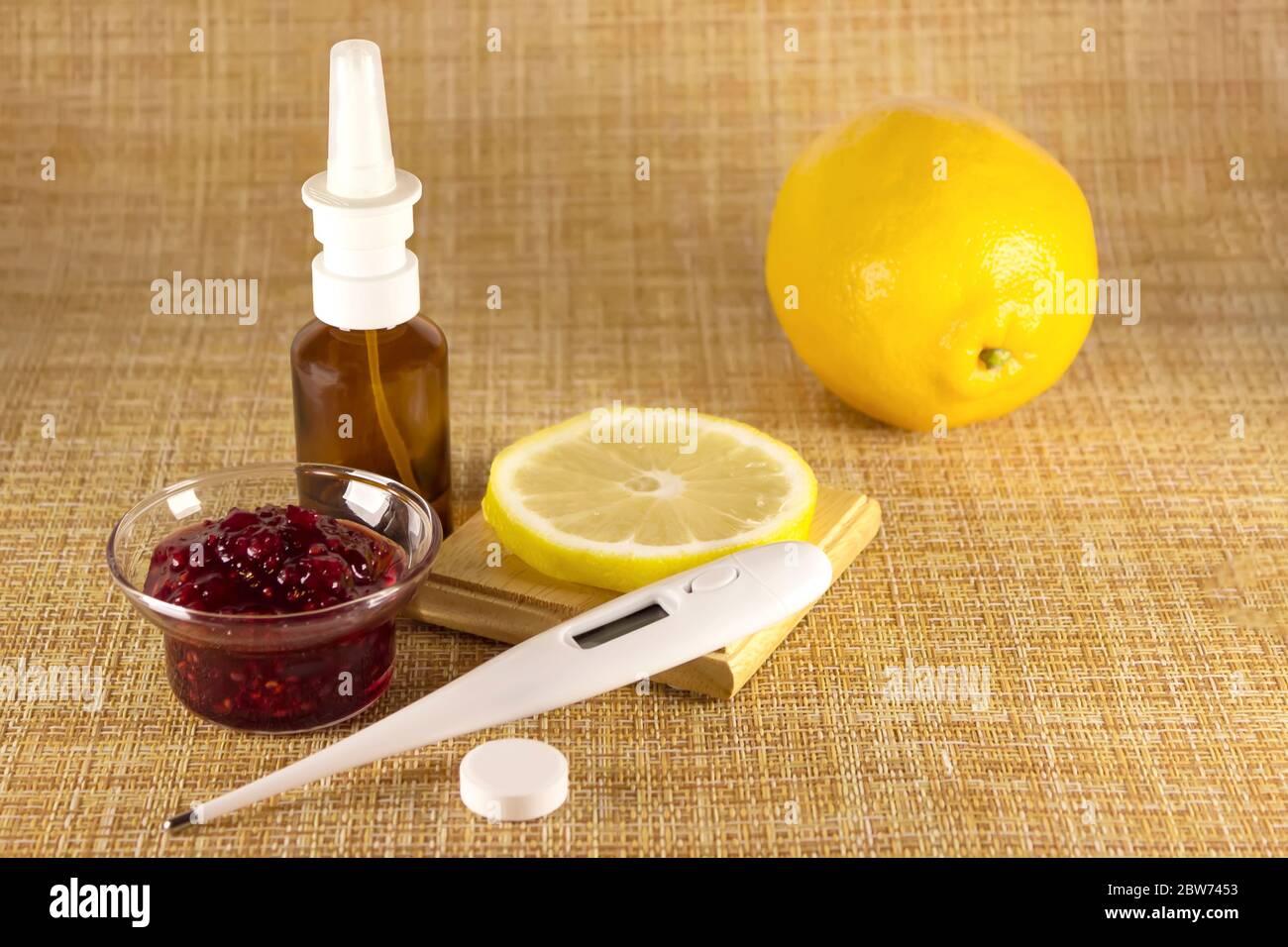 Treatment of colds and flu. Various medications, thermometer, cold ...