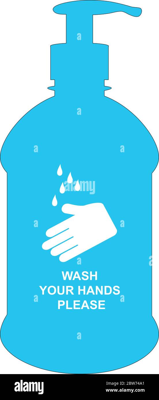 bottle of liquid soap and hand hygiene warning sign, covid 19, corona ...