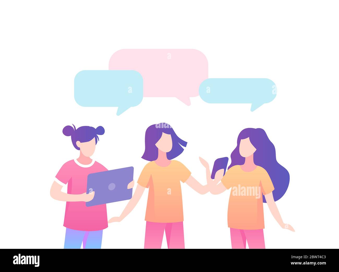 Teenage girls discussing on social networks speech bubble. Girls ...