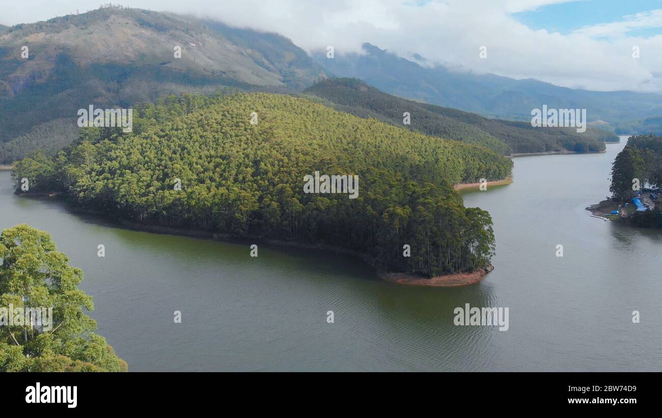 Aerial view beautiful nature with mountains and hills by Lake ...