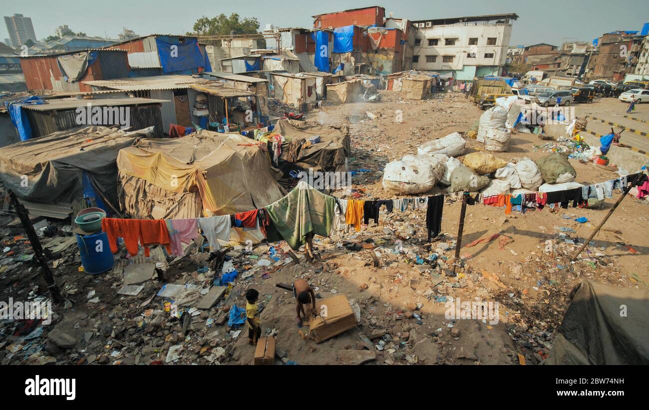 Mumbai, India - December 17, 2018: Dharavi slums in east Mumbai. Bandra District, Maharashtra ...
