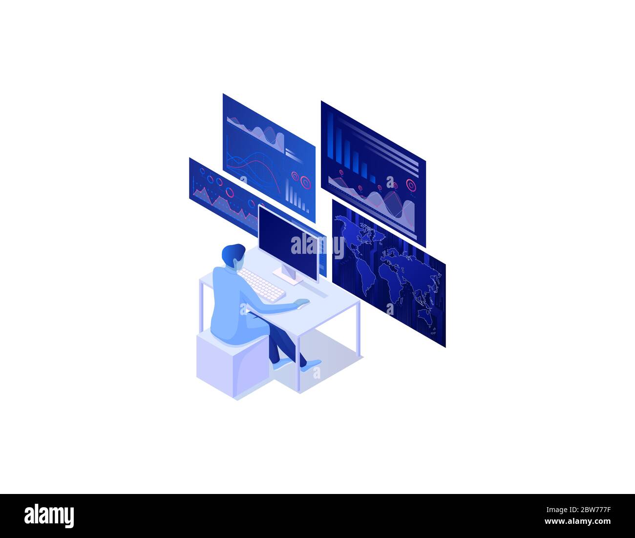 Big data analytics isometric concept. Global reach information analysis ...