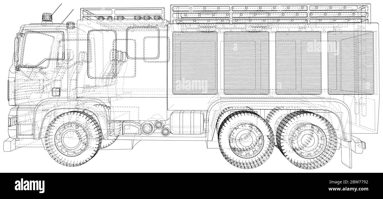Wire-frame Fire truck. Fire Engine Vector Illustration of car. The ...