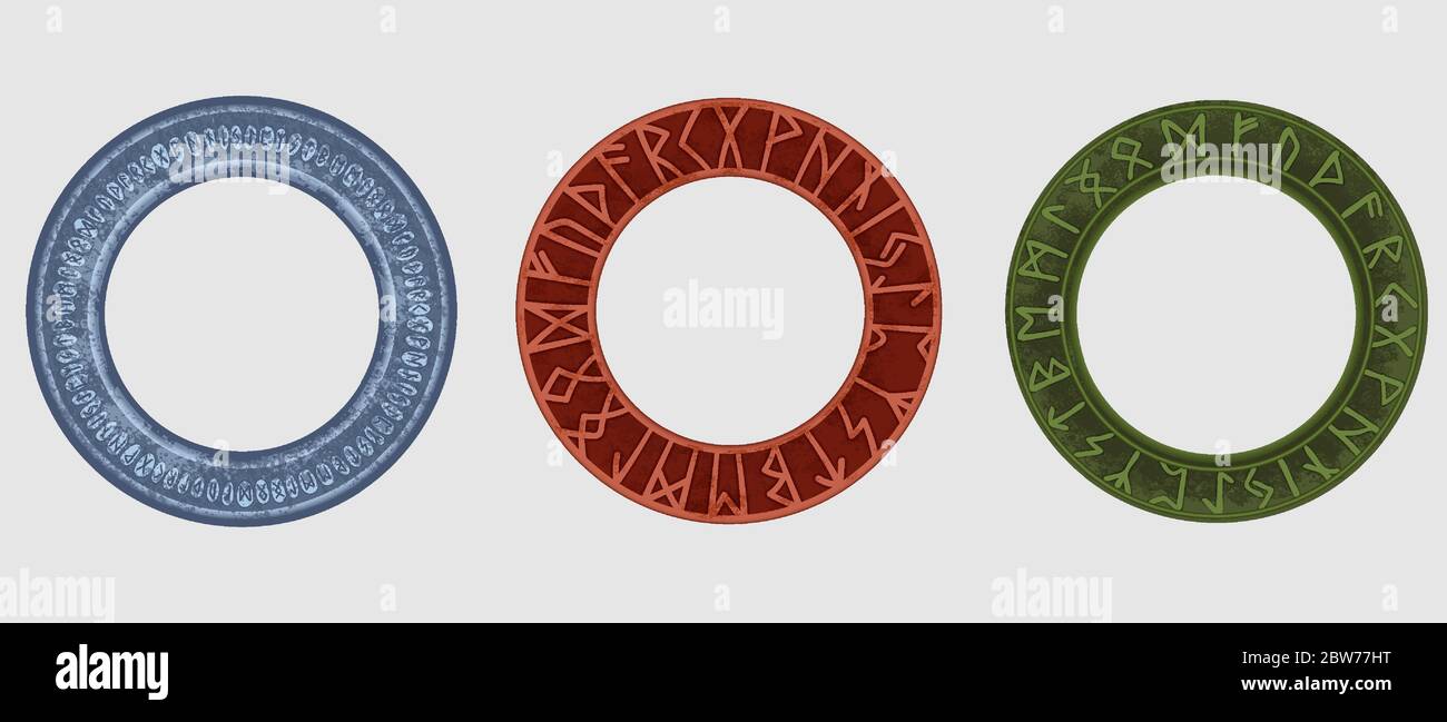 Runic frame ancient circle template set. Runic bronze green hoop ...