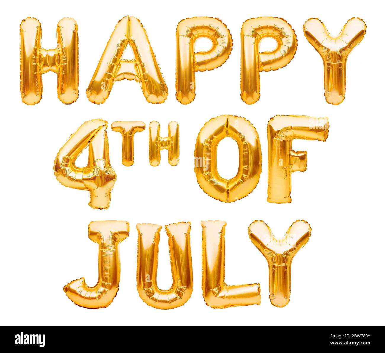 HAPPY 4TH OF JULY words made of golden inflatable balloons on white ...