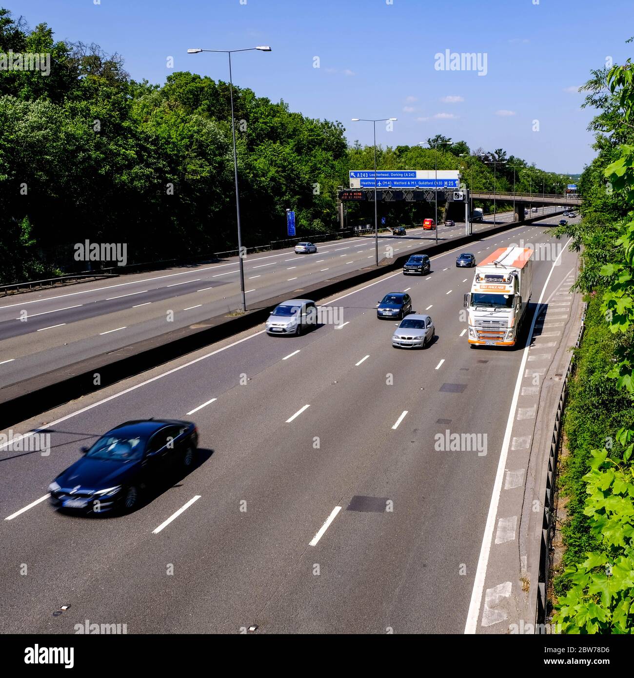 Traffic Travelling On The M25 London Orbital Motorway Near Leatherhead ...