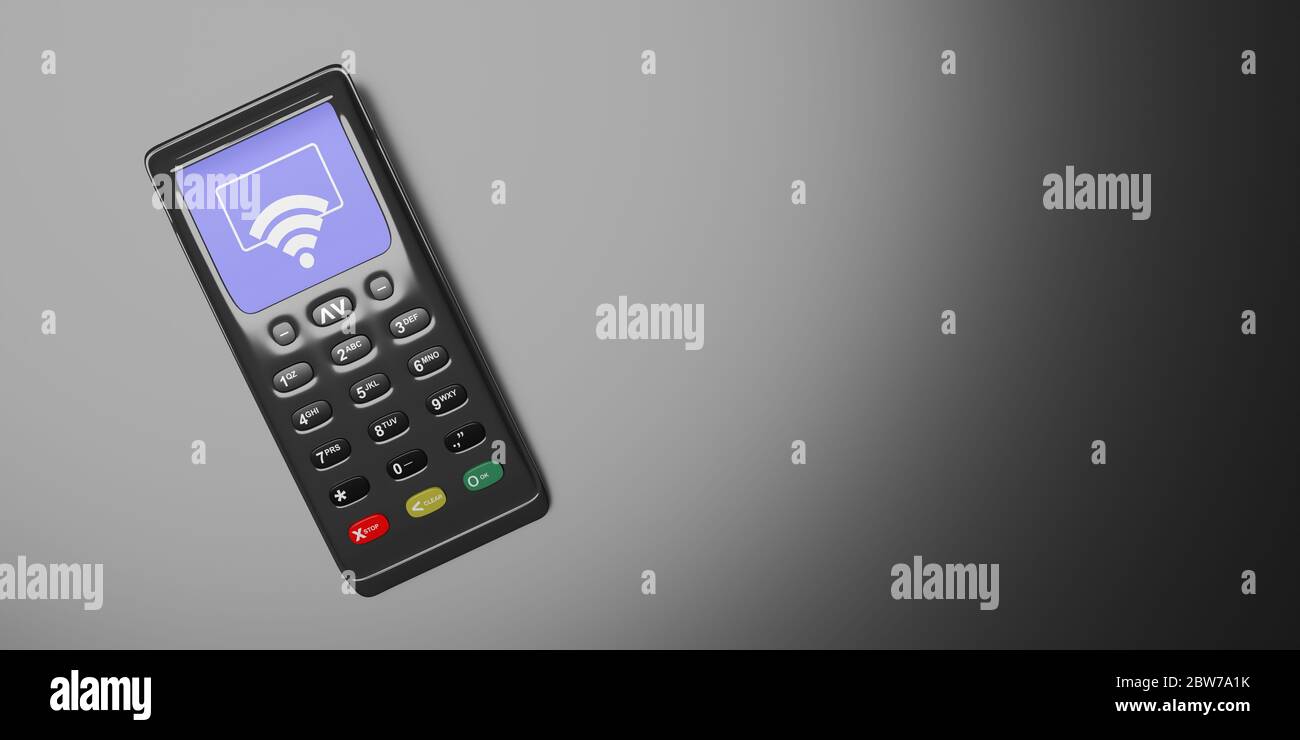 POS terminal, payment device isolated on gray black color background ...