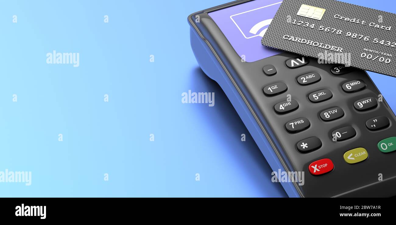 POS terminal, payment device and credit cards closeup on blue ...