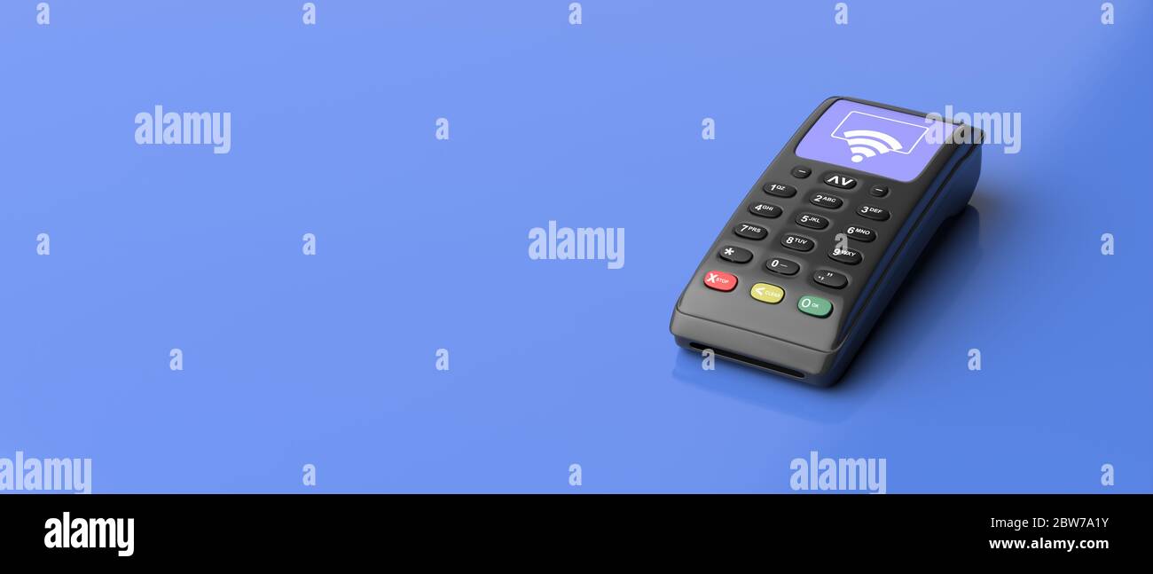 POS terminal, payment device isolated on blue background. Shopping NFC ...