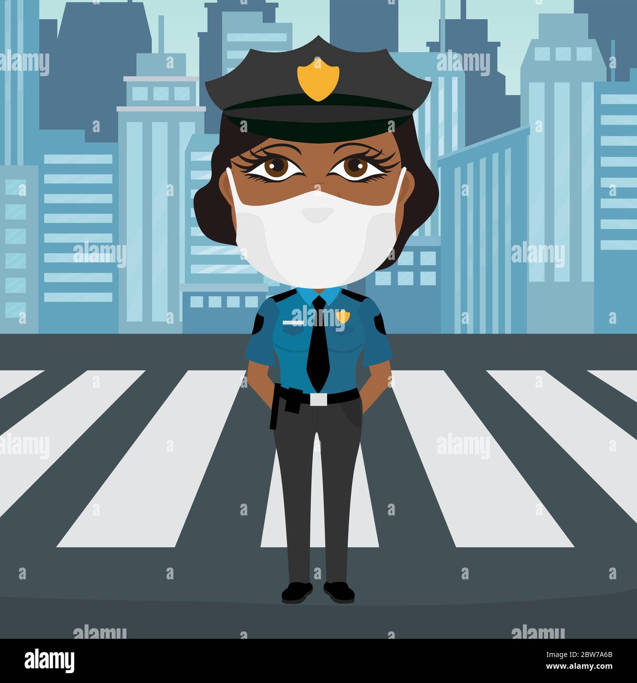 Police officer female black with virus mask hands behind the back with ...