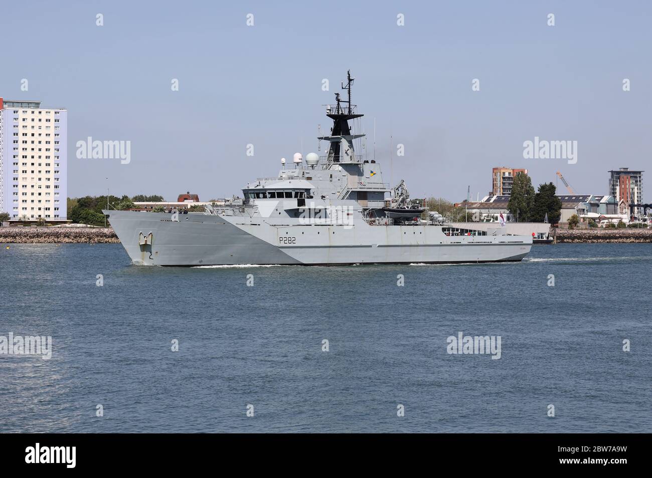 The Royal Navy River class offshore patrol vessel HMS SEVERN departing ...