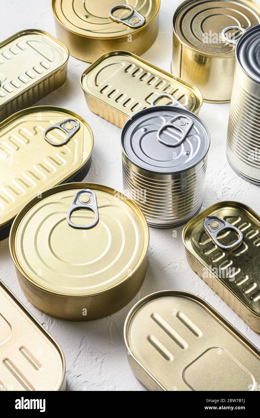 Various closed canned food, fish , fruits, vegetables, meat, soup ...