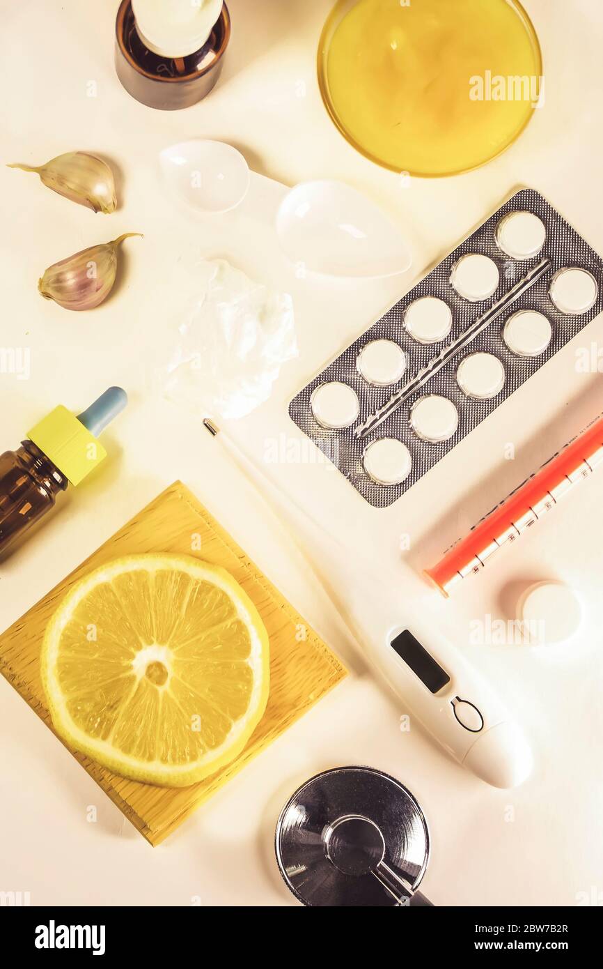 Treatment of colds and flu. Various medications, cold pills, throat ...