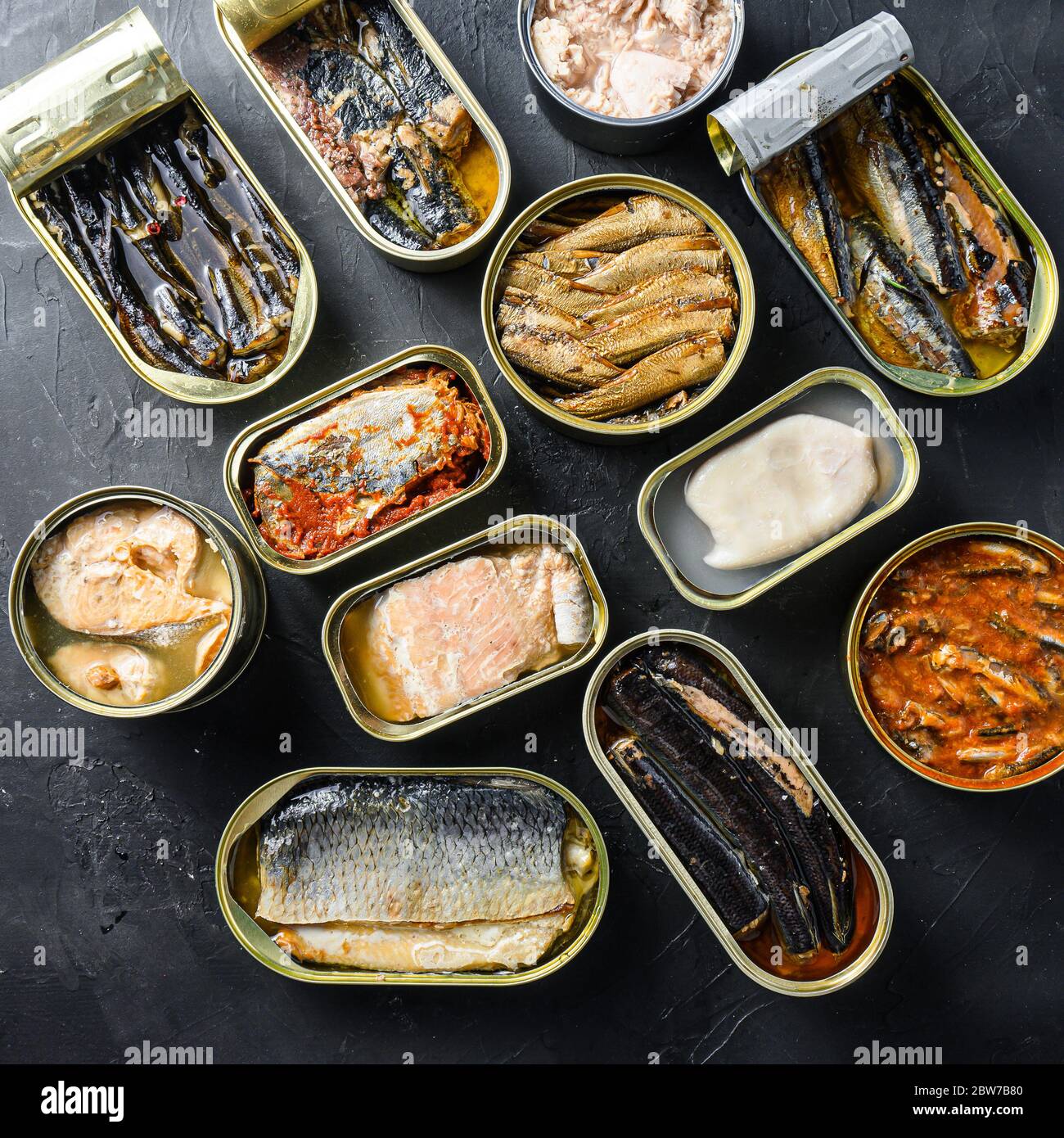 Tin can of Saury, mackerel, sprats, sardines, pilchard, squid, tuna ...