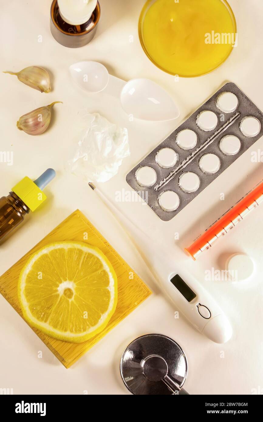 Treatment of colds and flu. Various medications, cold pills, throat ...