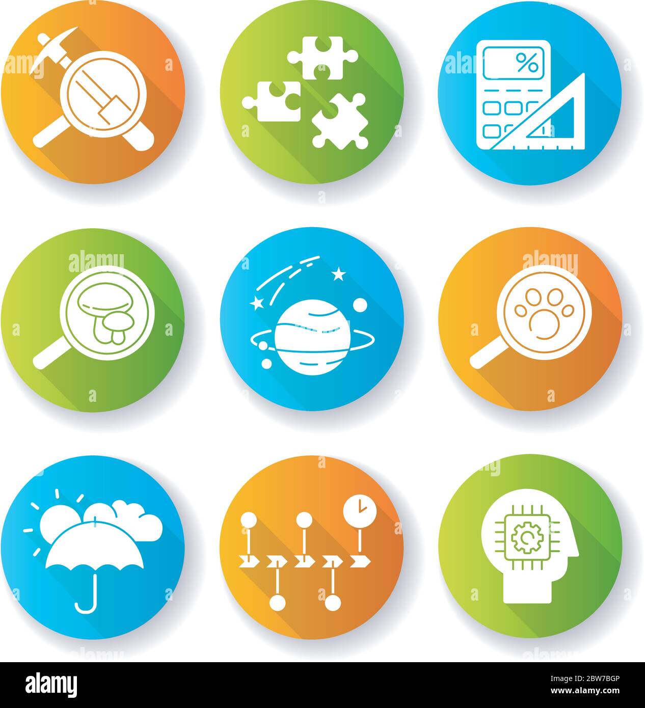 Scientific fields flat design long shadow glyph icons set Stock Vector ...