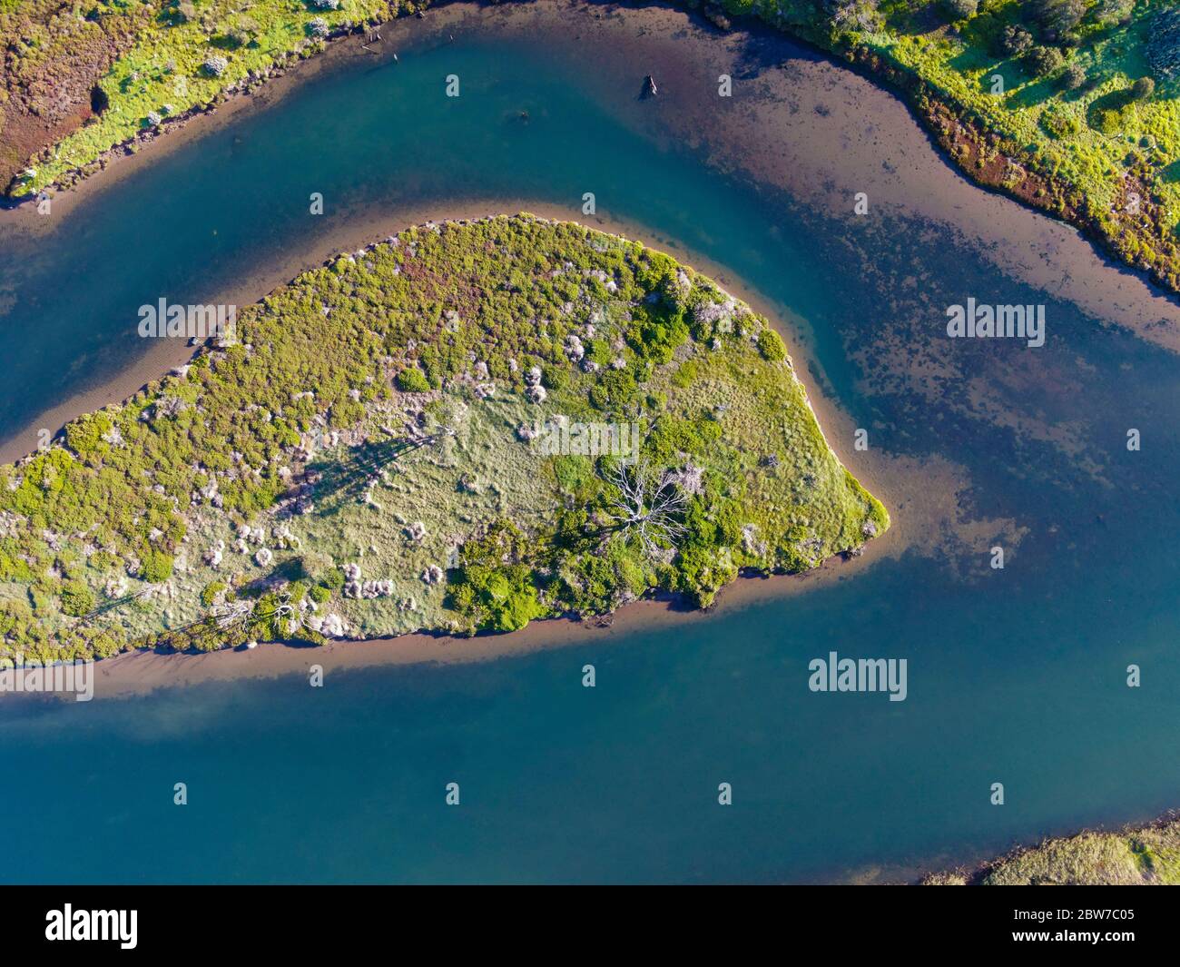 Aerial view of island sanctuary on blue Werribee River near K Road ...