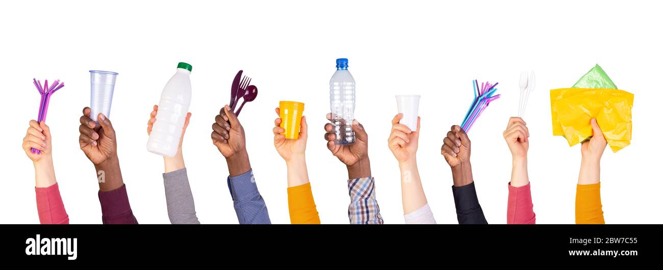 Disposable single use plastic objects held in hands Stock Photo - Alamy