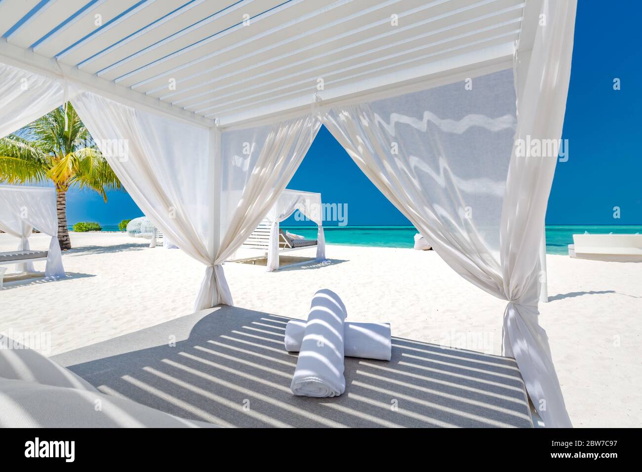 Comfortable lounge canopy on VIP beach seascape. Design of tourism for ...