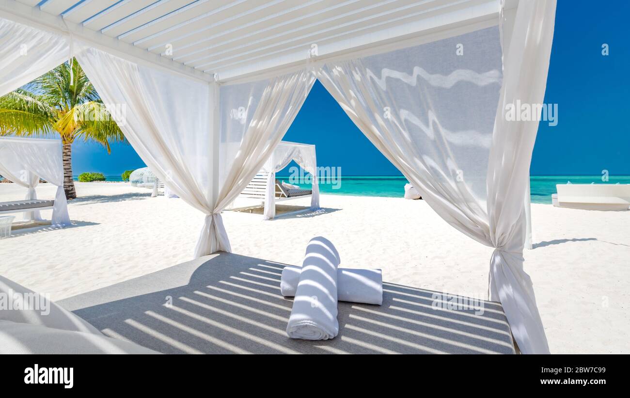 Comfortable lounge canopy on VIP beach seascape. Design of tourism for ...
