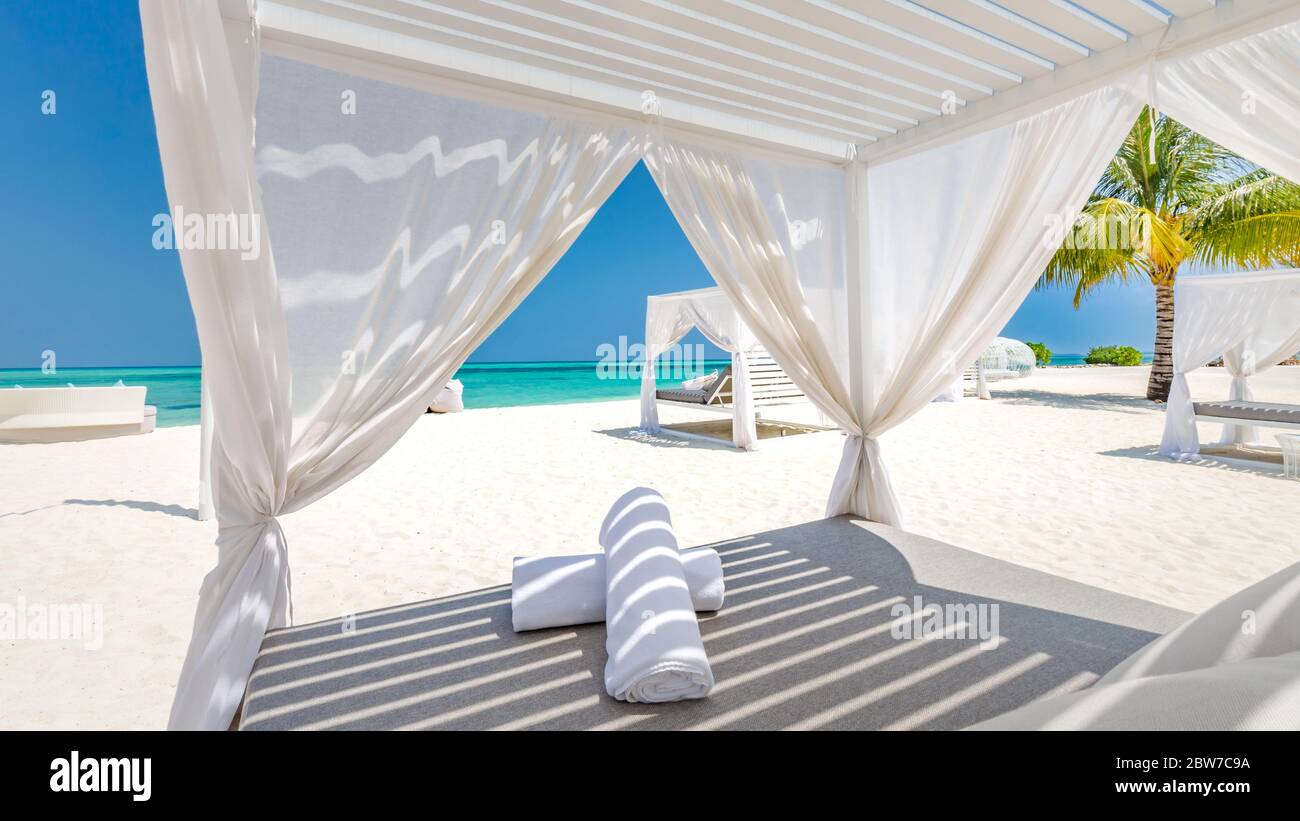 Comfortable lounge canopy on VIP beach seascape. Design of tourism for ...