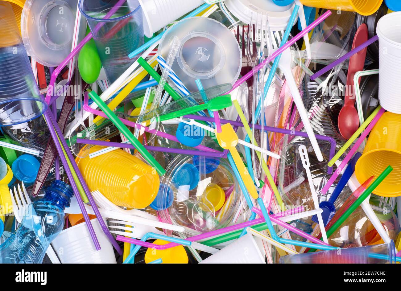 Disposable single use plastic objects such as bottles, cups, forks ...
