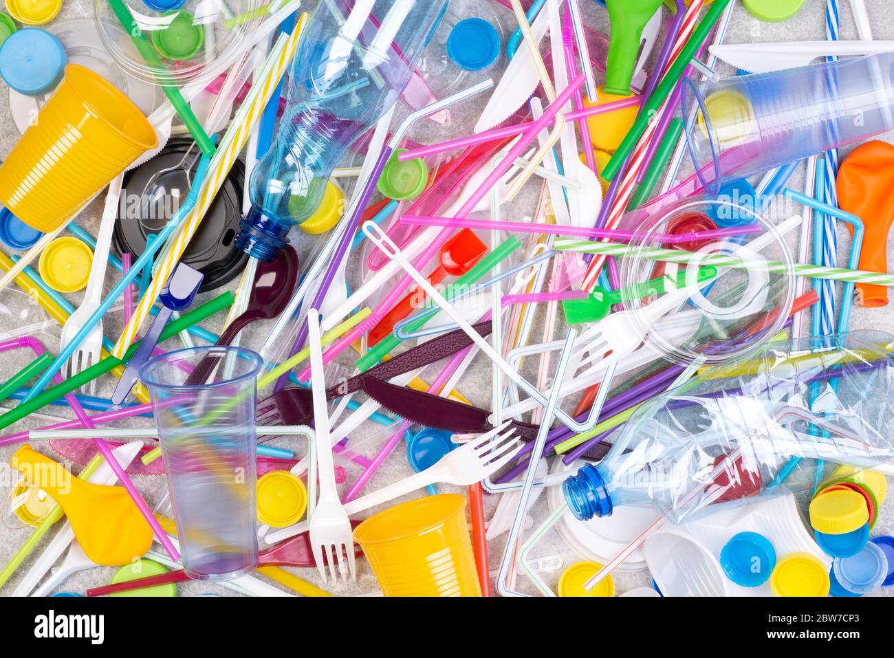 Disposable single use plastic objects such as bottles, cups, forks ...