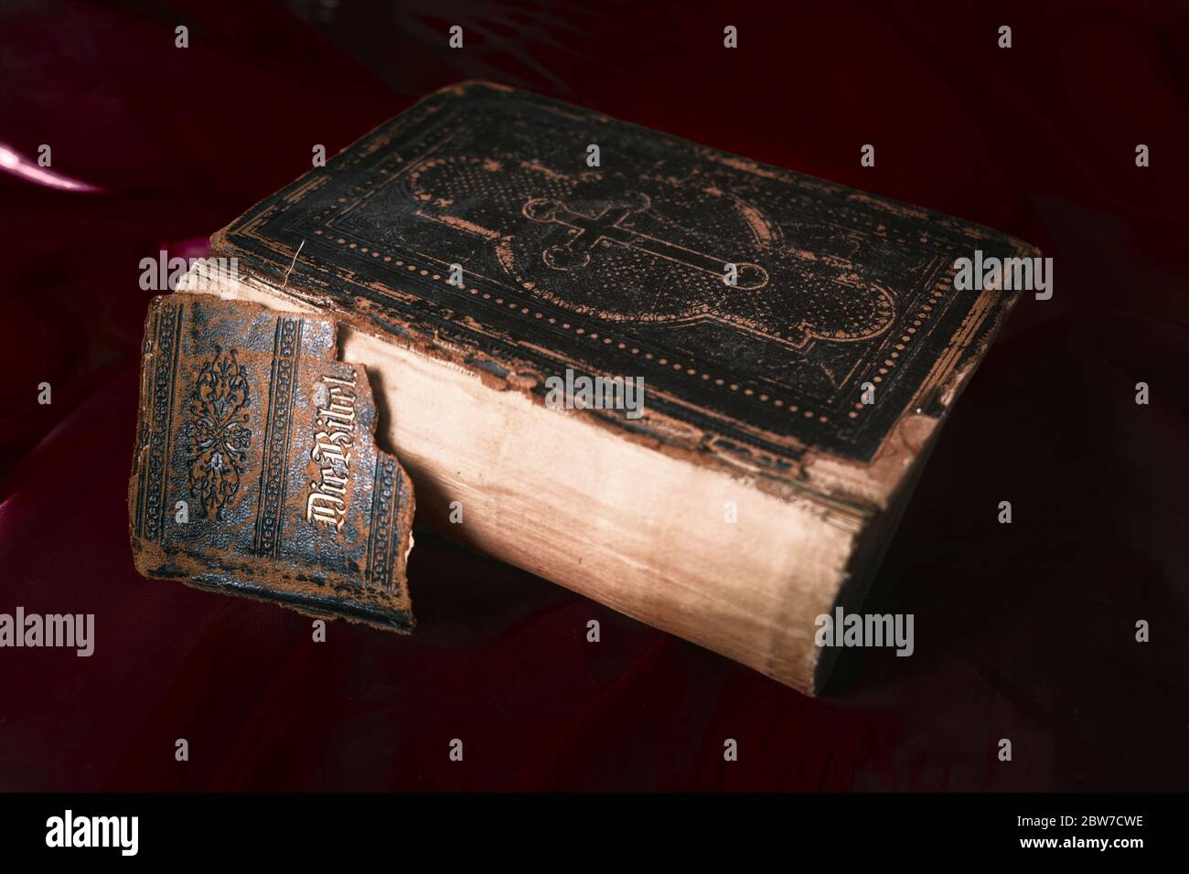 An old and tattered German Bible. Family Heirloom Lying flat Stock ...