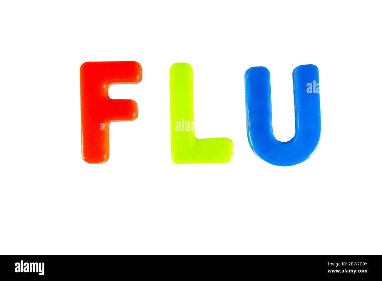 Children's game plastic letters in a combination of the word FLU . Text ...