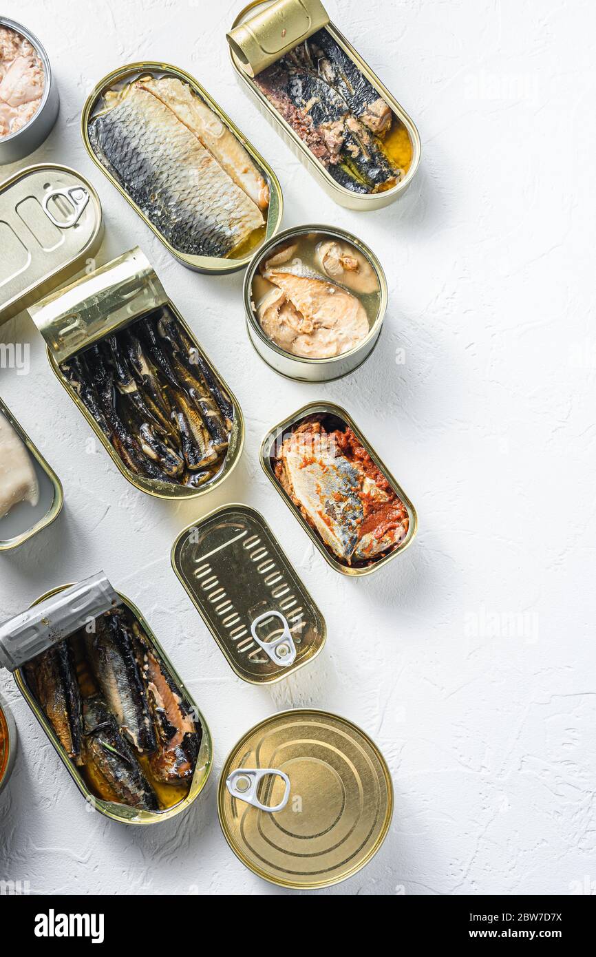 opened cans with different types of fish and seafood, opened and closed ...