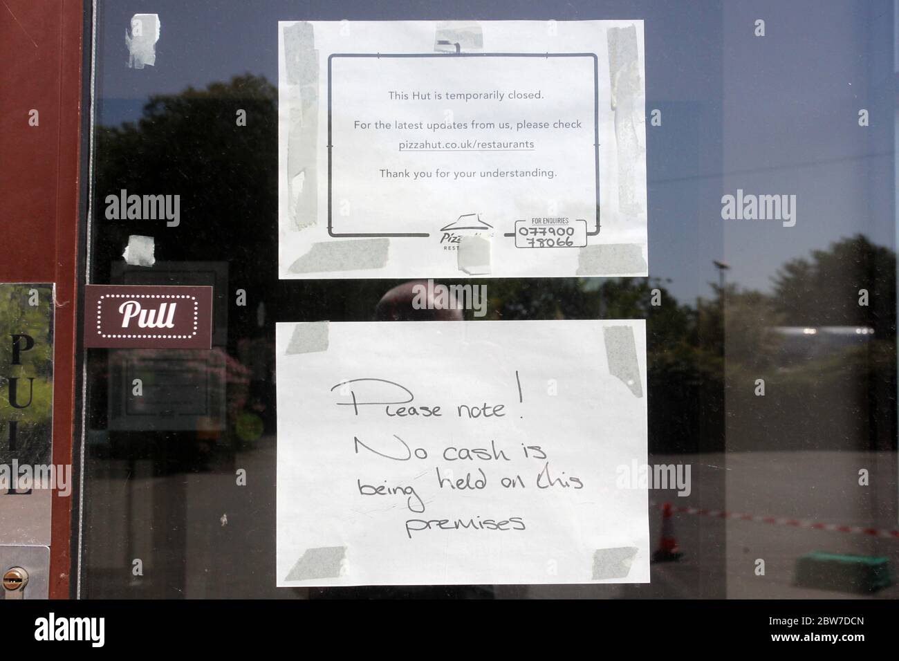 A sign in the window of Pizza Hut at Galleys Corner in Braintree ...