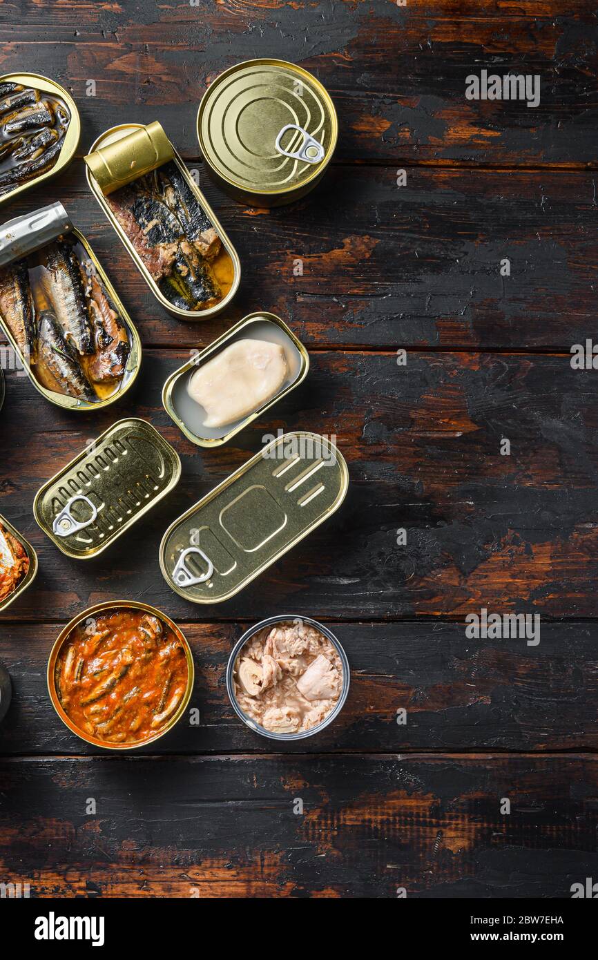 Tin cans for fish with different types of seafood, opened and closed ...