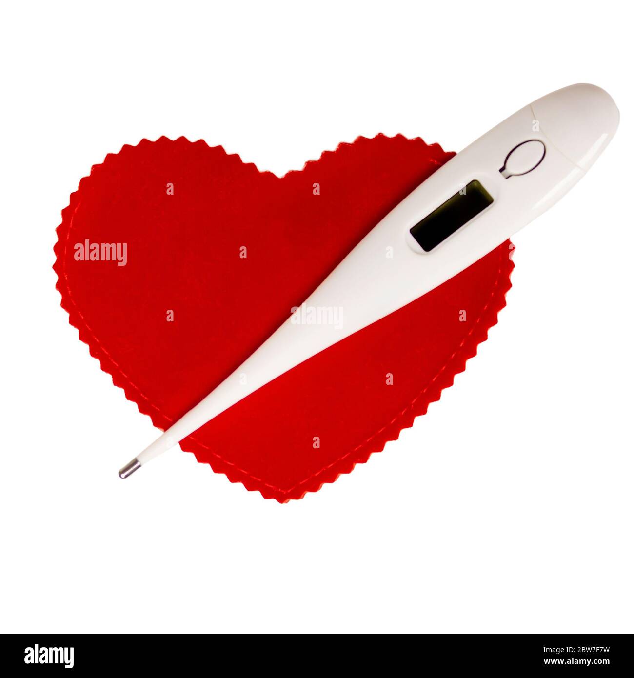 Electronic thermometer and red heart isolated on white background ...