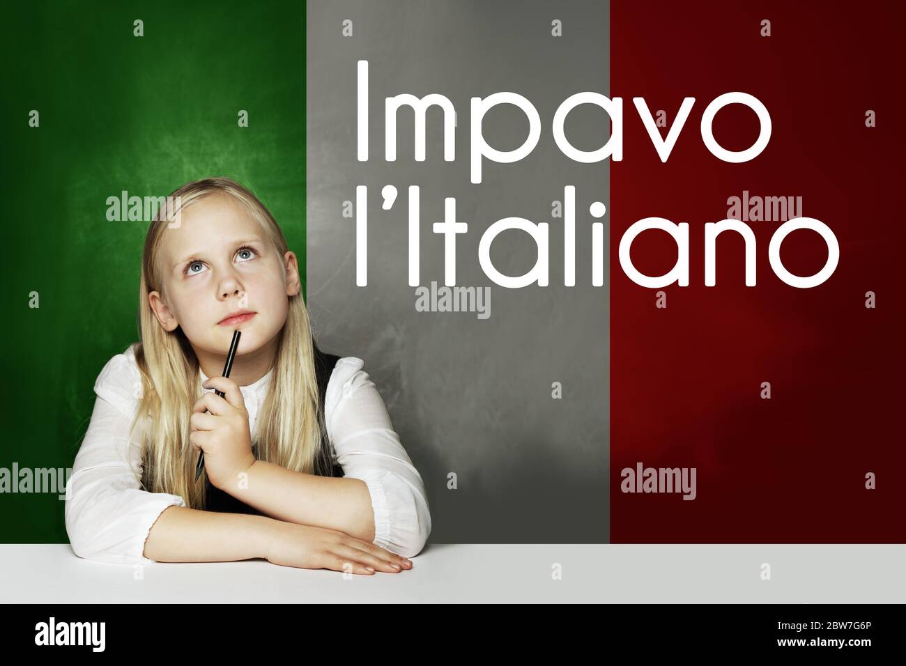 Thinking child girl student against the Italy flag background. Italian ...