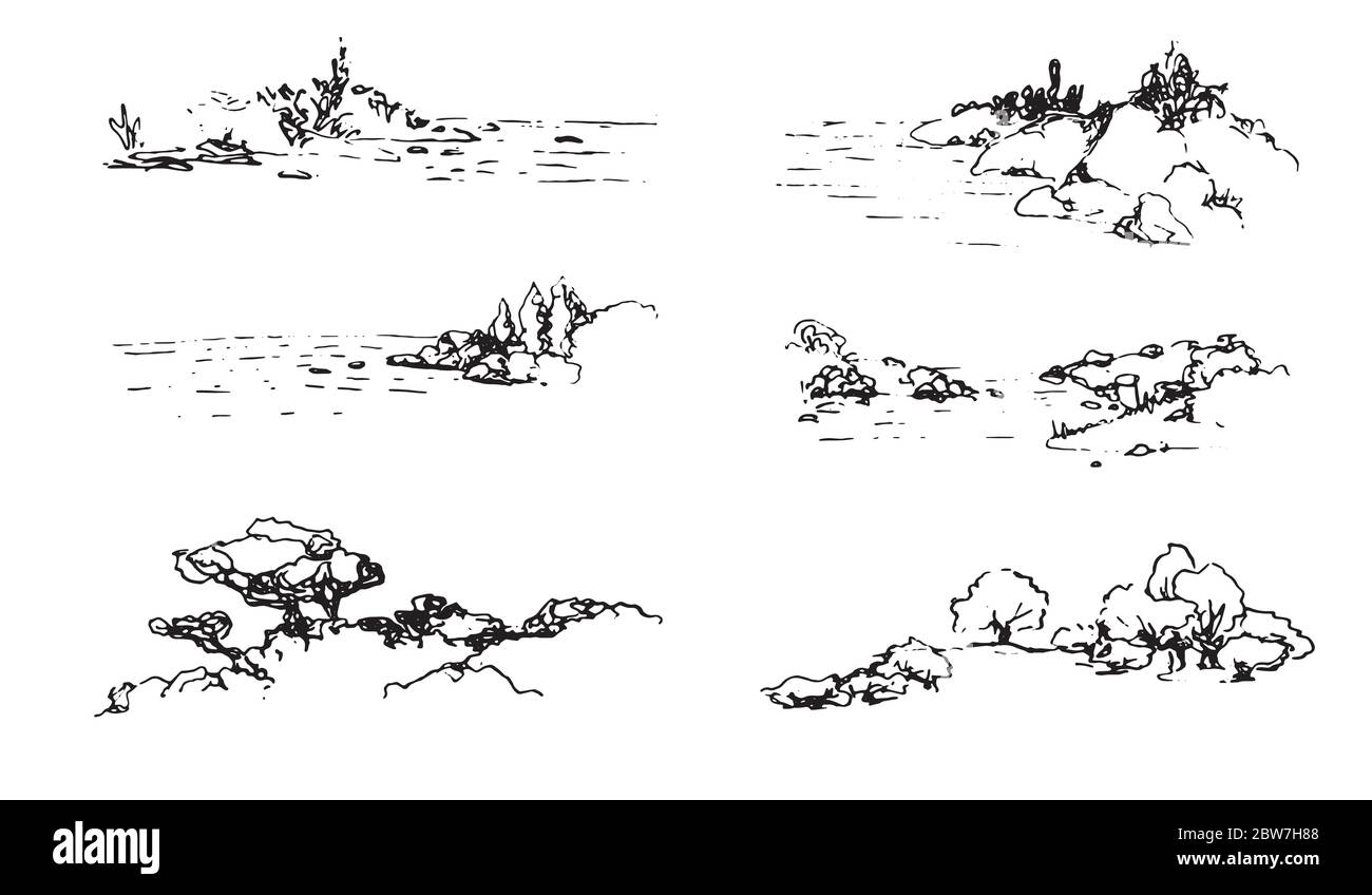 Landscape ink sketch set. Wild nature, shore, trees horizontal ...